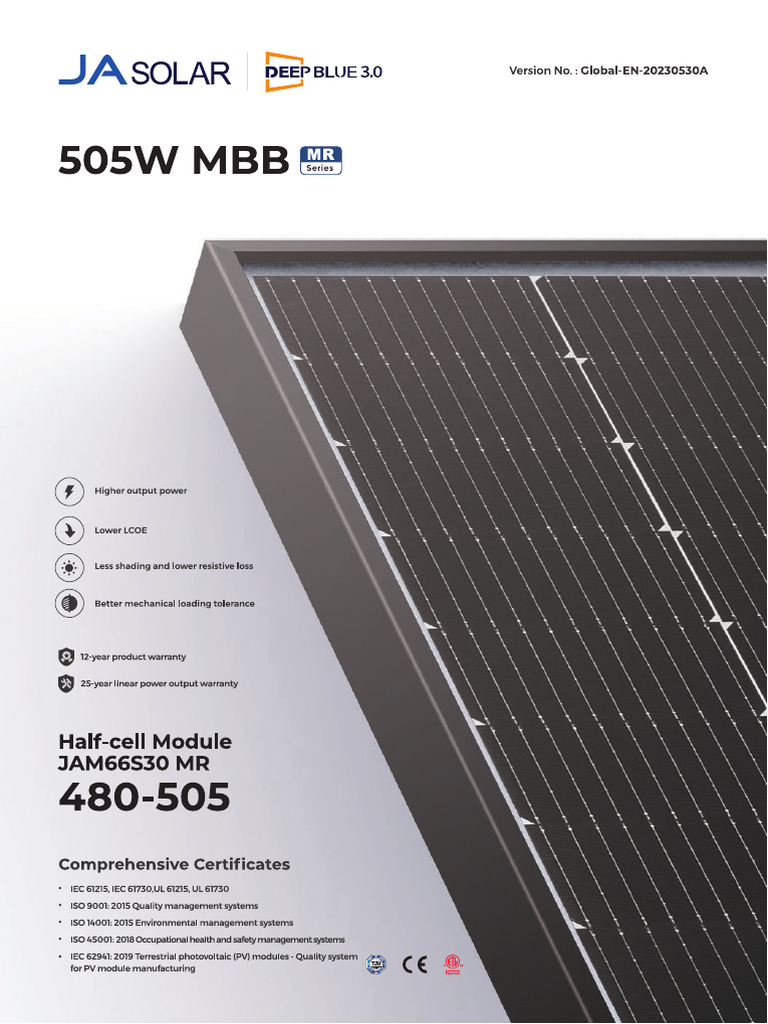 46 - Jam66s30 en Ja Solar Jam66s30 480 505 Mr Datasheet | PDF