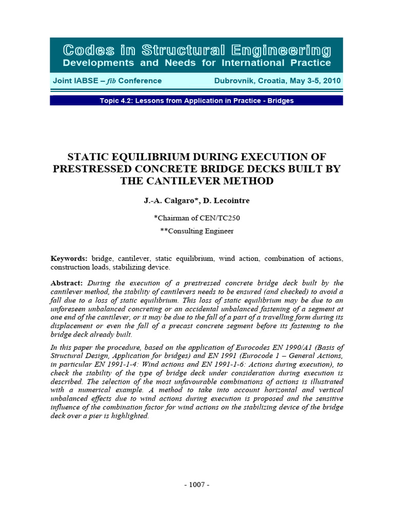 Calgaro - STATIC EQUILIBRIUM DURING EXECUTION OF PC BRIDGES | PDF | Bridge | Precast Concrete
