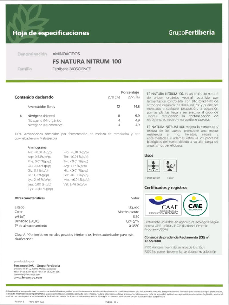 Ficha Técnica de FS Natura Nitrum 100 | PDF | Biología