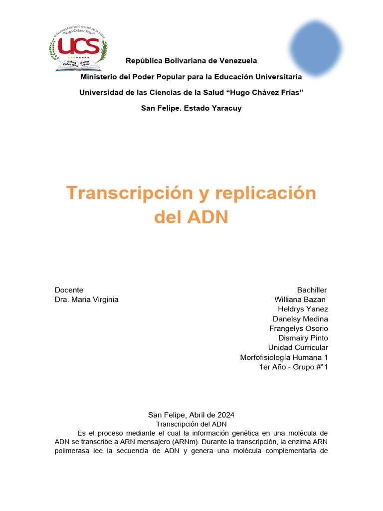 Transcripcion y Replicacion Del Adn Grupo 3 | PDF | Rna | Adn