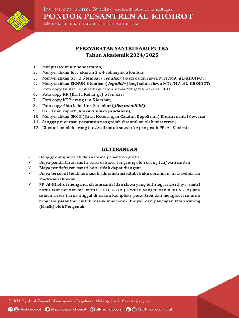 Persyaratan Santri Baru 2024-2025 Pesantren Al-Khoirot Malang | PDF
