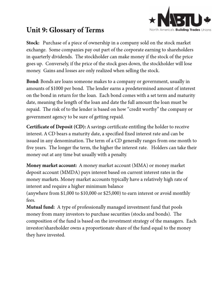 MC3 Unit 9 Financial Literacy Glossary of Financial Literacy Terms ... MC3 Unit 9 Financial Literacy Glossary of Financial Literacy Terms ...