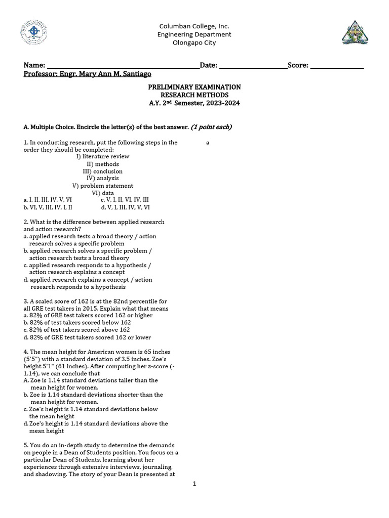 Prelim Exam 2nd Sem For Students | PDF | Sampling (Statistics) | Level ...