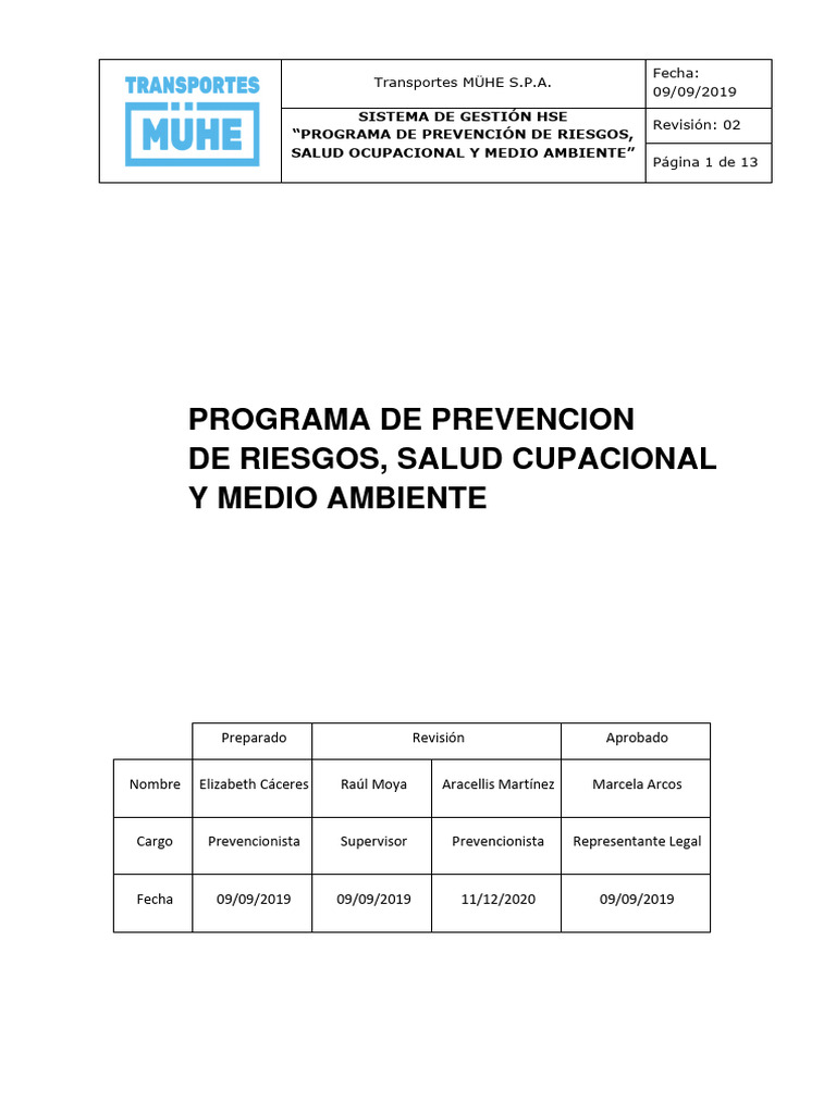 Programa Prevencion de Riesgo y Salud Ocupacional Mühe | PDF | Seguridad y salud ocupacional ...