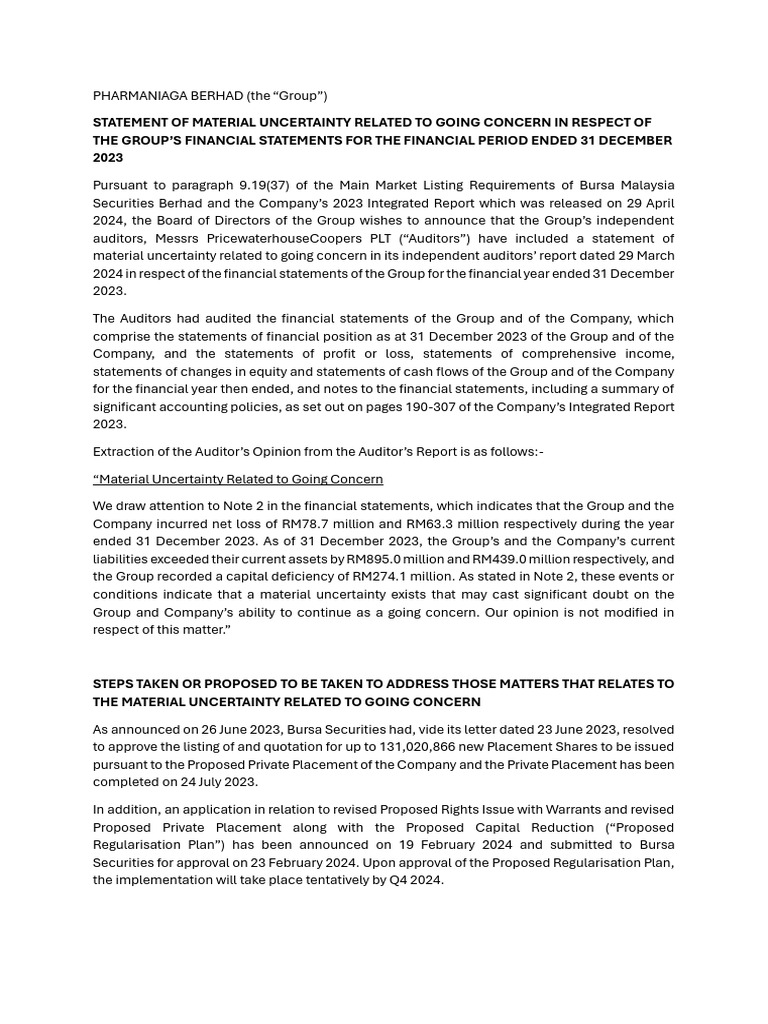 Pharmaniaga 2023 Going Concern Statement | PDF | Going Concern ...