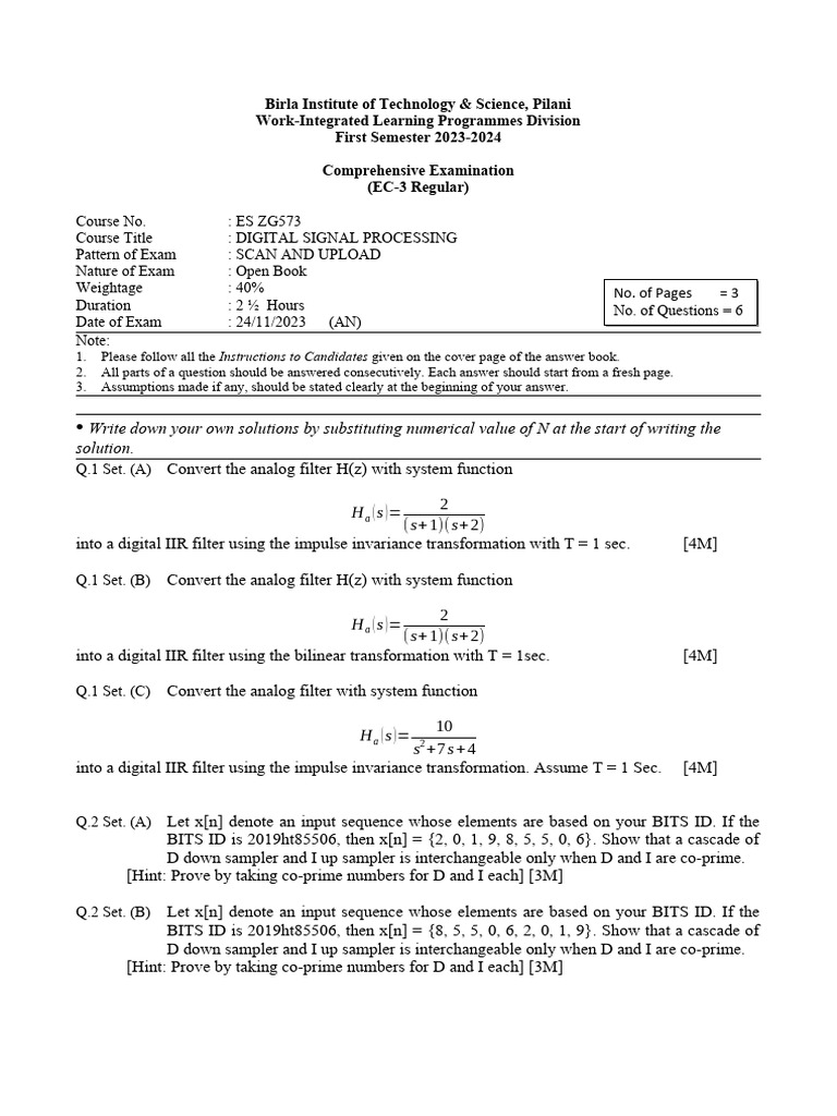 Es ZG573 Ec-3r First Sem 2023-2024 | PDF | Telecommunications Engineering | Signal Processing
