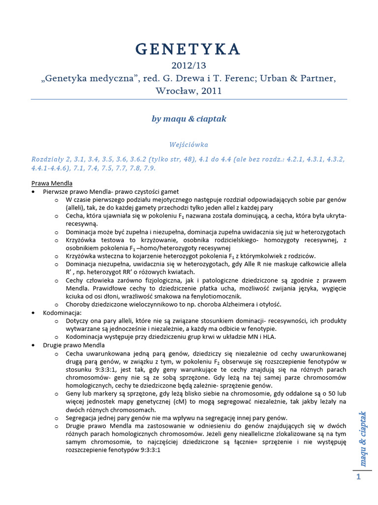 GENETYKA 201213 Opracowanie Genetyka Medyczna, Red. G. Drewa I T ...