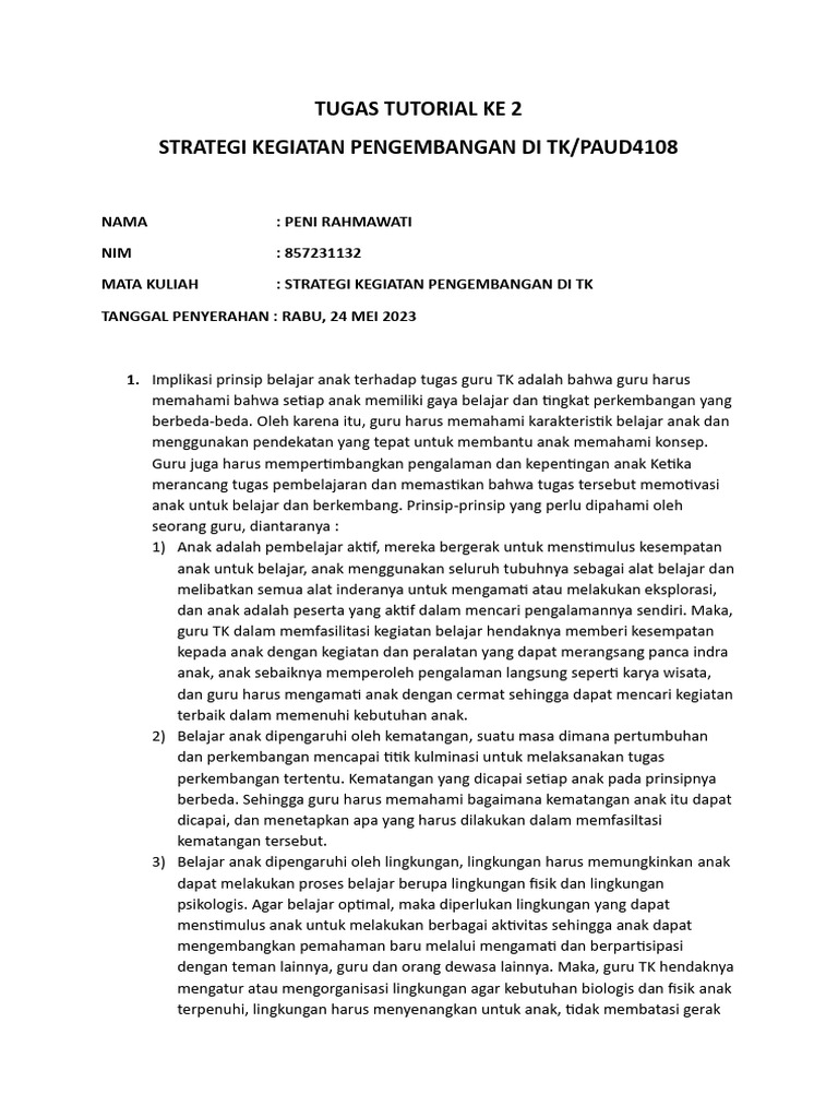 Tugas Tutorial Ke 2 Strategi Kegiatan Pengembangan Di TK | PDF