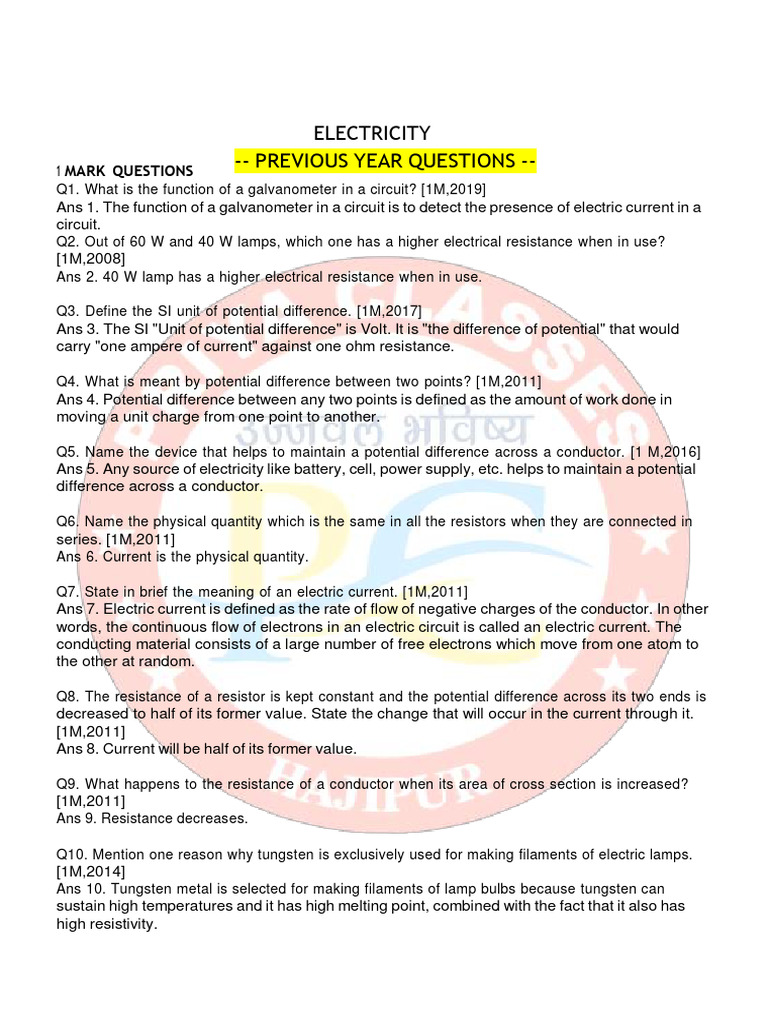 Electricity Pyqs | Download Free PDF | Electrical Resistance And Conductance | Series And ...