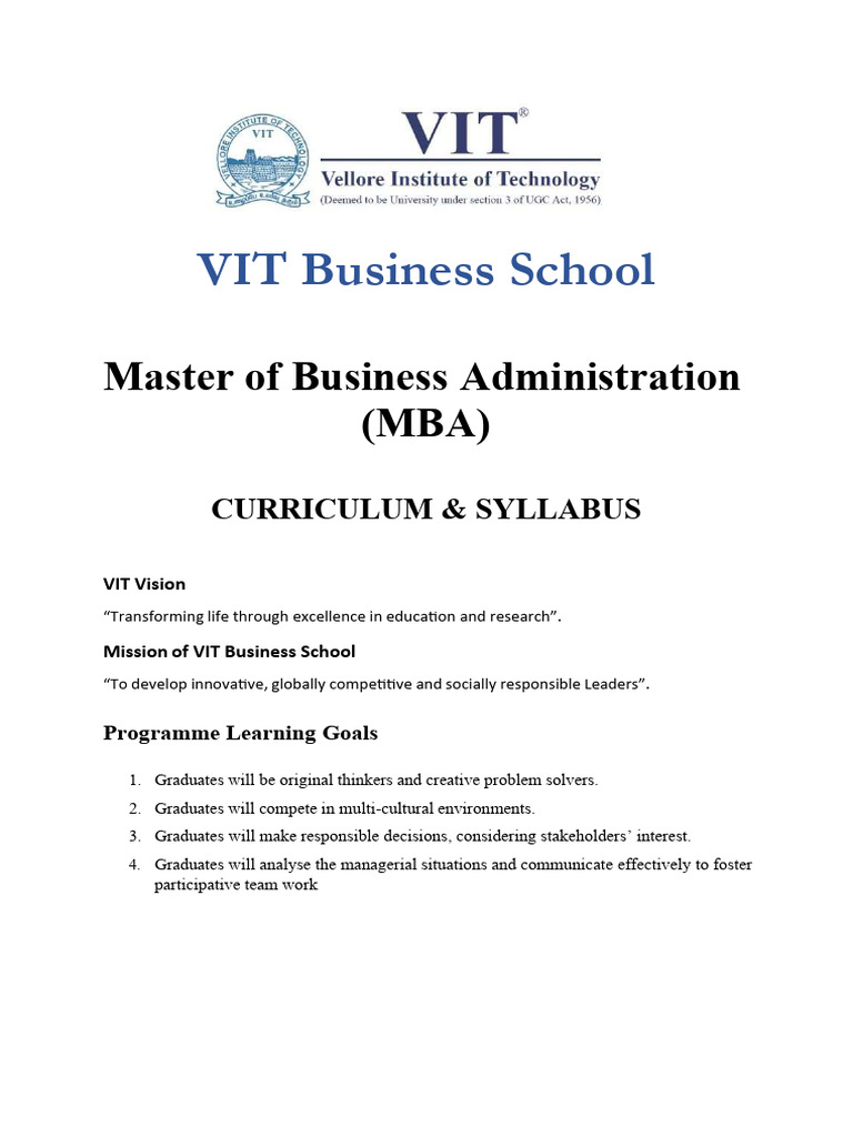 VIT MBA Curriculum Overview and Goals | PDF | Statistics | Marketing