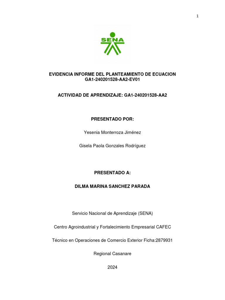 Informe Del Planteamiento de Ecuacion GA1-240201528-AA2-EV01 | PDF | Ecuaciones | Matemáticas
