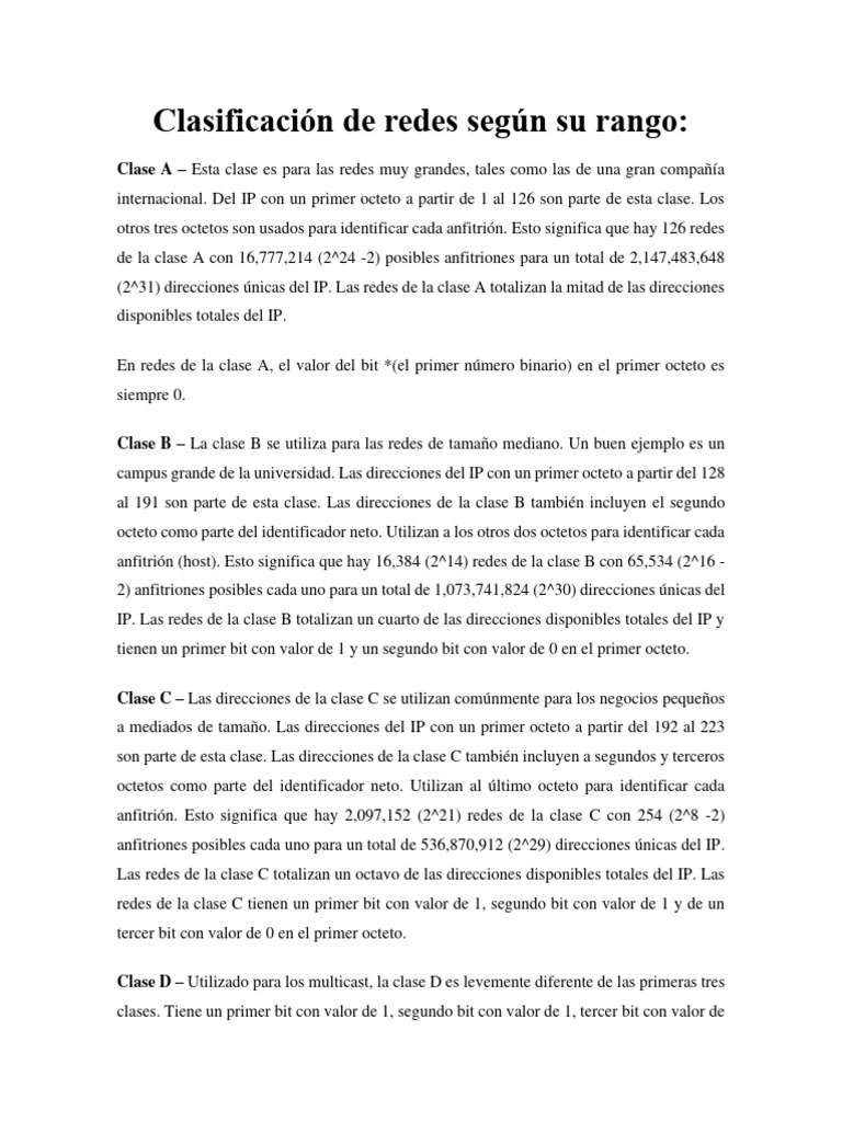 Clasificación de Redes IP por Clases | PDF | Dirección IP | Protocolos ...
