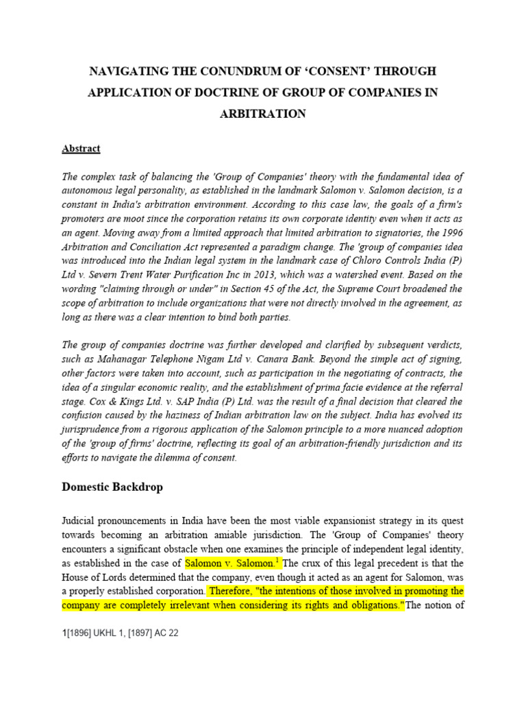 Navigating The Conundrum of Consent' Through Application of Doctrine of Group of Companies in ...