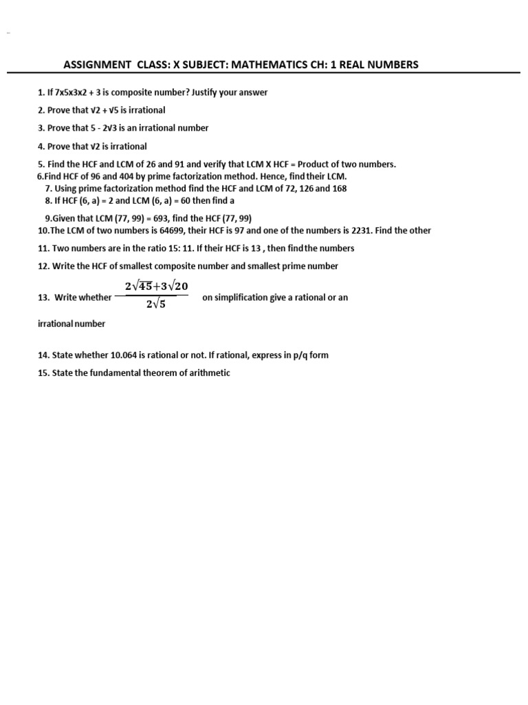 CH 1 Real Numbers Assignment Class 10 20240412153957184-1 | PDF | Numbers | Factorization