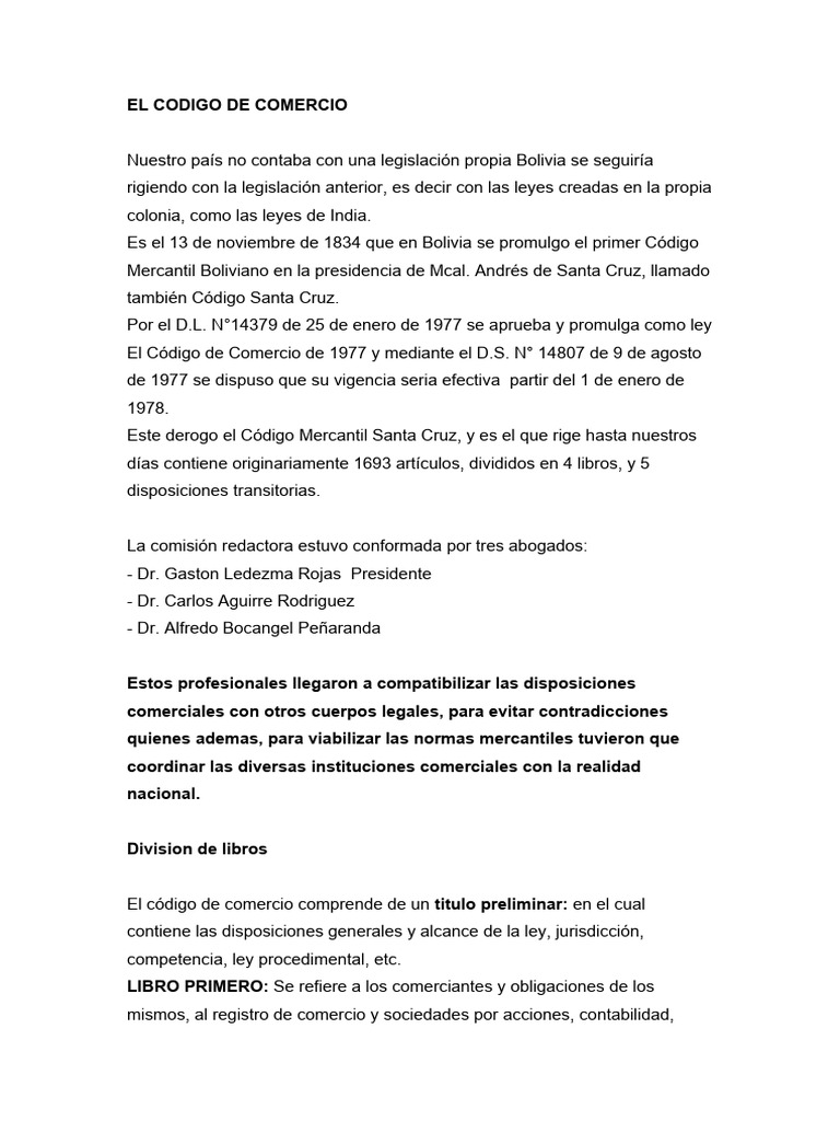 El Codigo de Comercio | PDF | Comercio | Bolivia