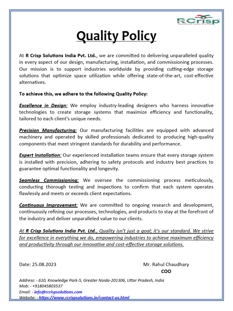 Storage Solutions Quality Policy | PDF
