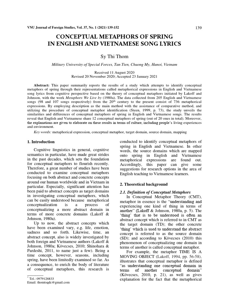 Conceptual Metaphors of Spring in English and Vietnamese Song Lyrics ...