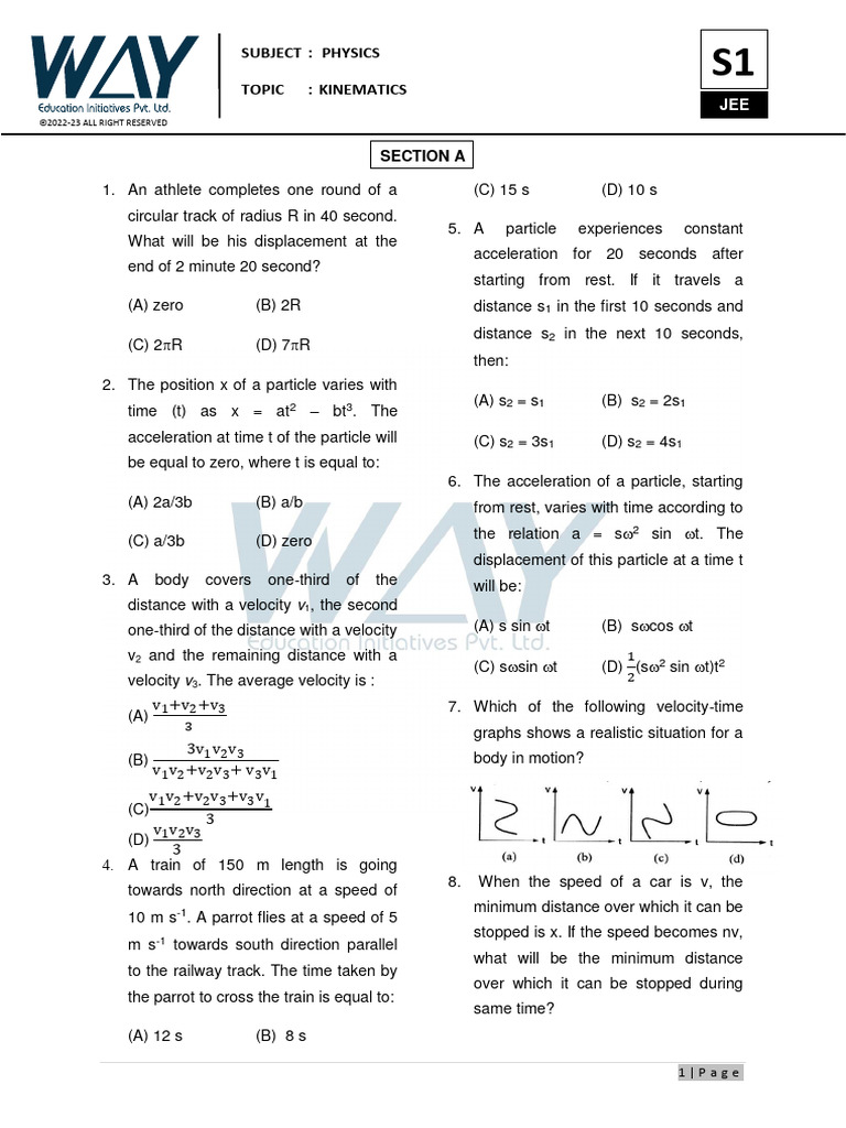 Set 1 Kinematics Phy Jee | PDF | Acceleration | Classical Mechanics
