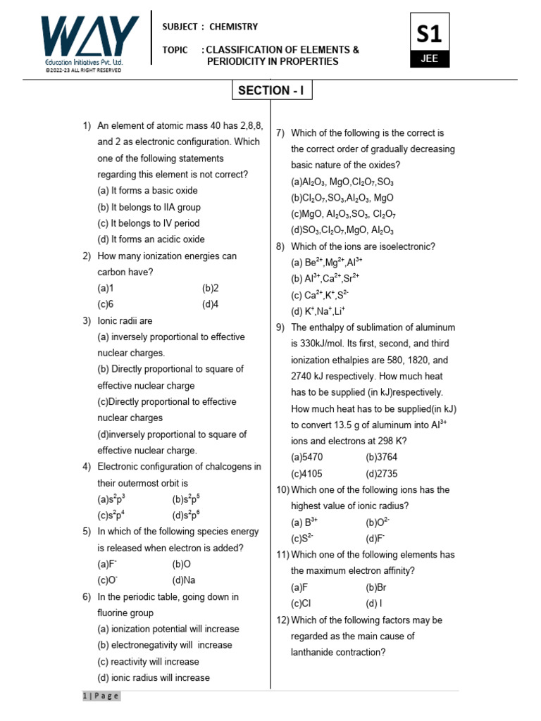 SET1 - Classification of Elements & Periodicity in Properties - CHE - JEE | PDF | Ionic Bonding ...