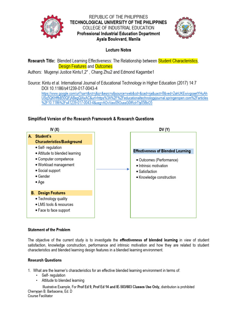 Illustrated Version of The Research Framework & Research Questions Blended Learning ...