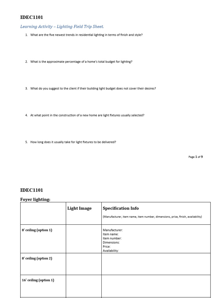 Learning Activities-Feild Trip Sheet | PDF | Lighting | Interior Design