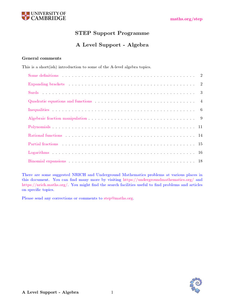 Alevel Support Algebra | PDF | Square Root | Quadratic Equation