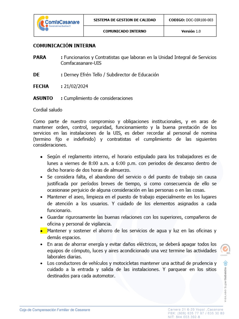Comunicado Interno | PDF | Sistema de manejo de calidad