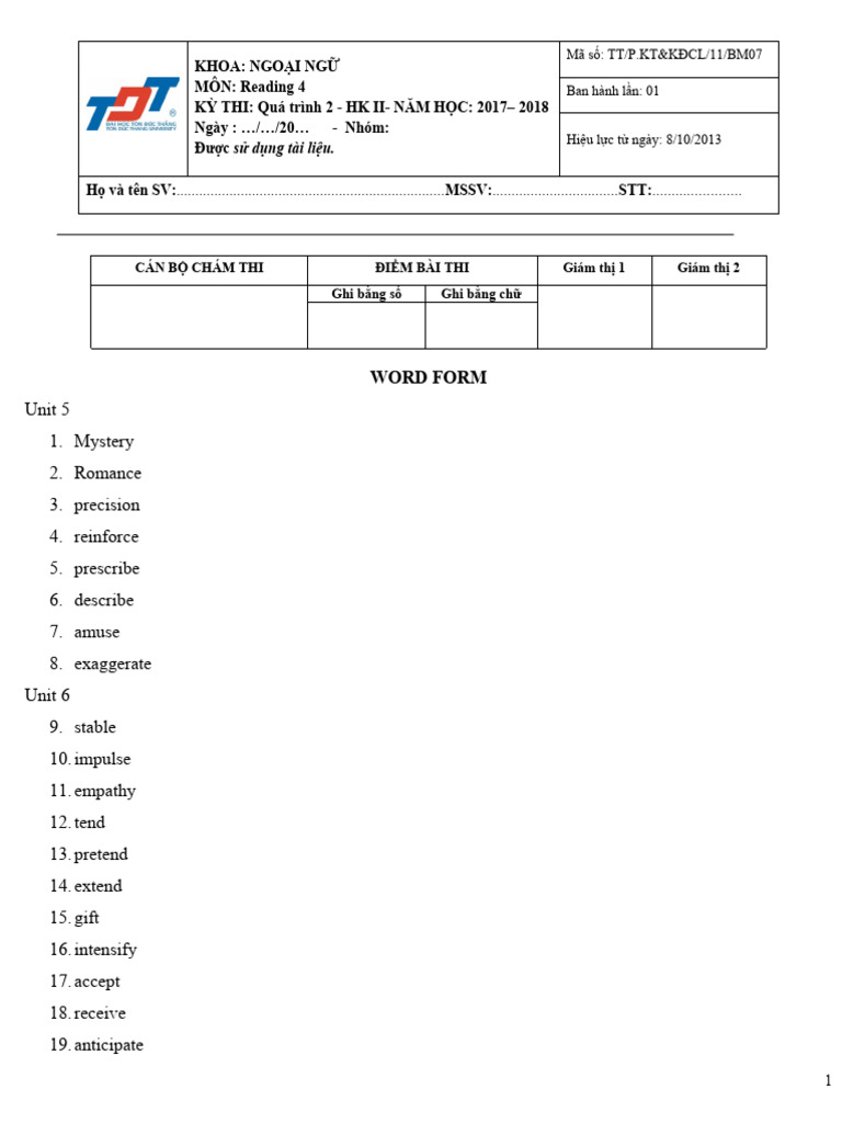 Unit 5+6 - Word Form - Asignment Sheet | PDF