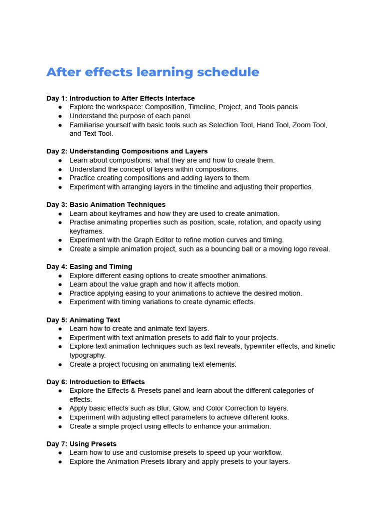 After Effects Learning Schedule | PDF | Animation | 3 D Computer Graphics