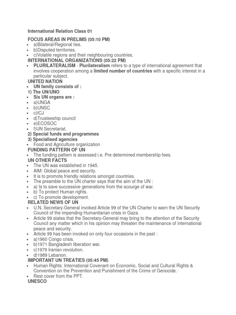 Overview of International Relations Class 01 | PDF | United Nations ...