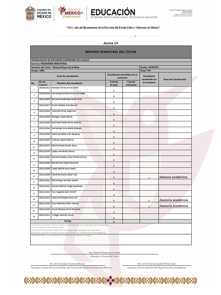 Anexo 19 Reporte Semestral El Tutor (1401 | PDF