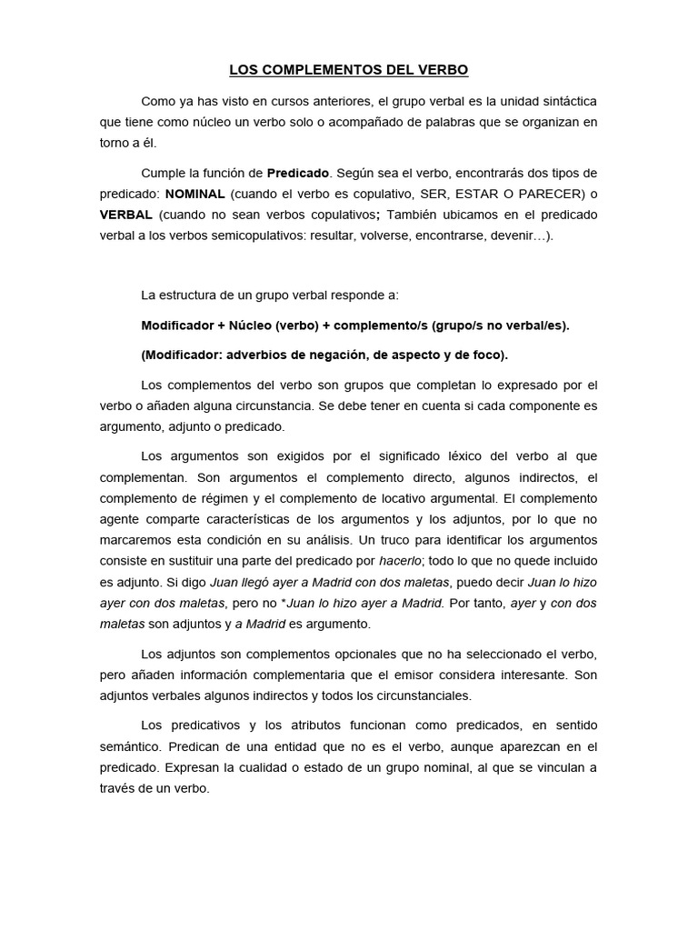 Complementos Del Verbo | PDF | Verbo | Predicado (Gramática)
