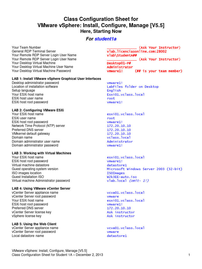 VMware vSphere 5.5 Class Config Sheet | PDF | V Mware | Computer ...