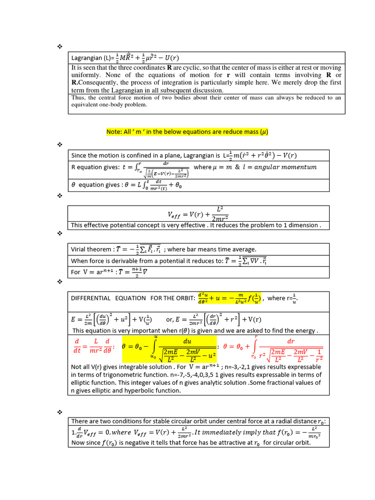 Central Force Motion and Lagrangian Dynamics | PDF | Orbit | Lagrangian Mechanics