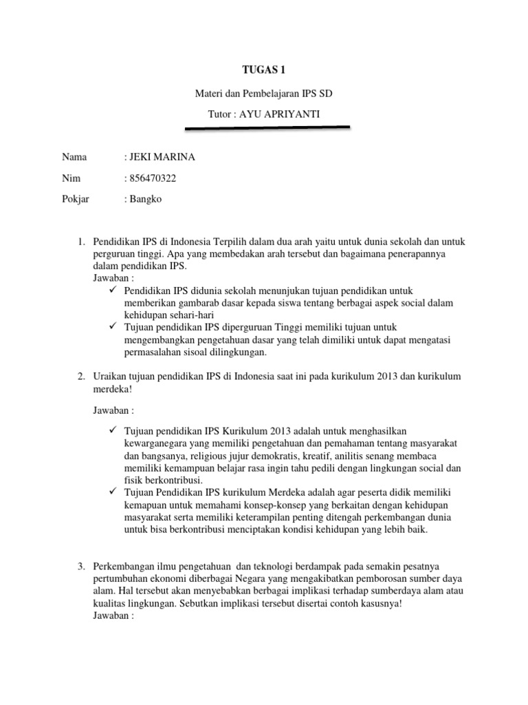 Tugas 1 Materi Dan Pembelajaran Ips SD (Jeki Marina) | PDF