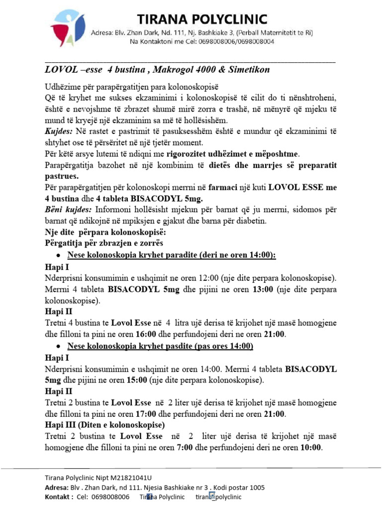 Pergatitja Per Kolonoscopy Tirana Polyclinic | PDF