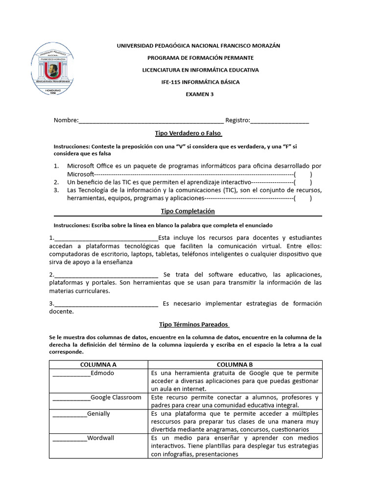 Examen de Informática Educativa UPNFM | PDF | Software de la aplicacion ...
