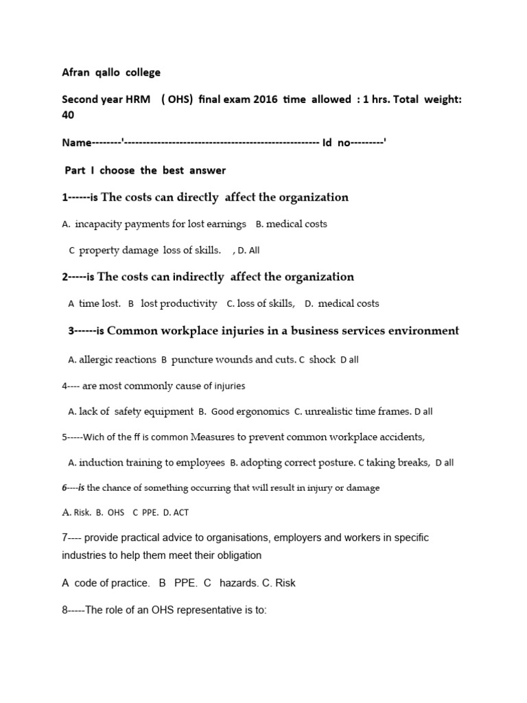 HRM Second Year OHS Final Exam by Yared | PDF | Occupational Safety And Health | Personal ...