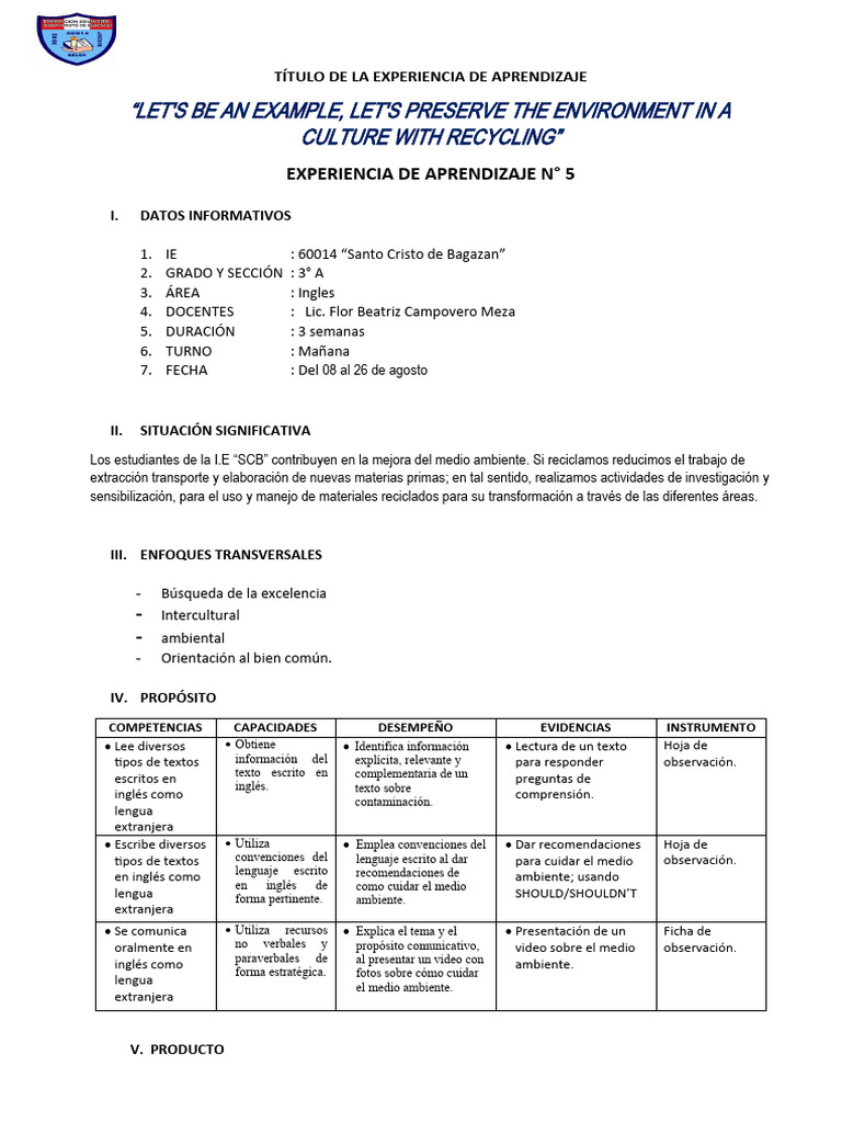 3° grade EXPERIENCIA DE APRENDIZAJE N° 5 - INGLES | PDF | Lingüística