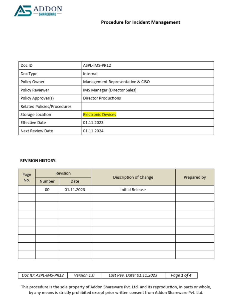 ASPL-IMS-PR12 Procedure For Incident Management | PDF | Information Security | Information