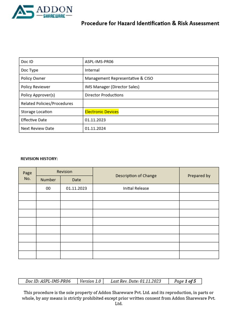 ASPL-IMS-PR06 Procedure For Hazard Identification & Risk Assessment ...