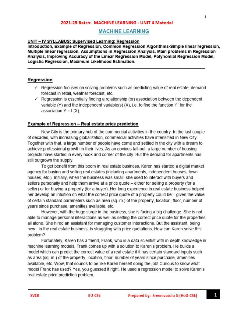 ML - UNIT 4 - Material - SVCK - CSE | PDF | Linear Regression | Logistic Regression