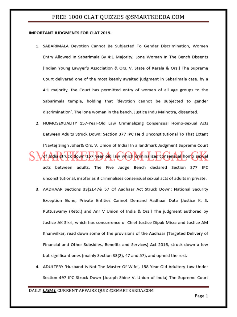 Important Judgments For Clat 2019 | PDF | Supreme Court Of India | Supreme Court Of The United ...
