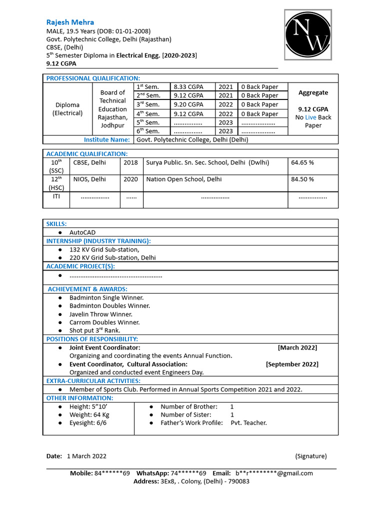 Naukari Wala Resume Formate | PDF | Secondary Education | Career And Technical Education