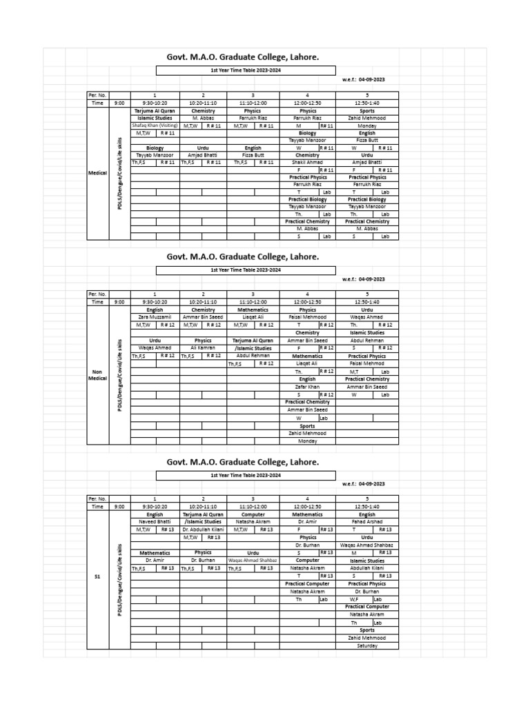 1st Year Intermediate Time Table 2023 | PDF