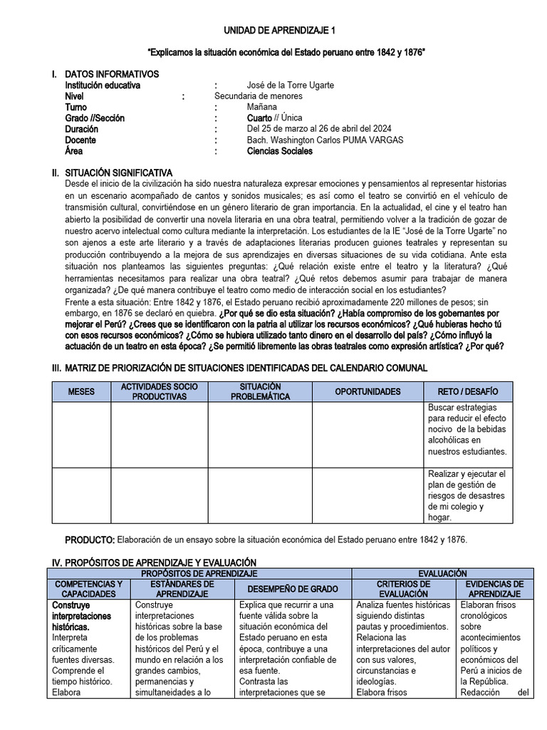 01 Unidad de Aprendizaje 3 CCSS - 4° 2024 | PDF | Aprendizaje | Evaluación