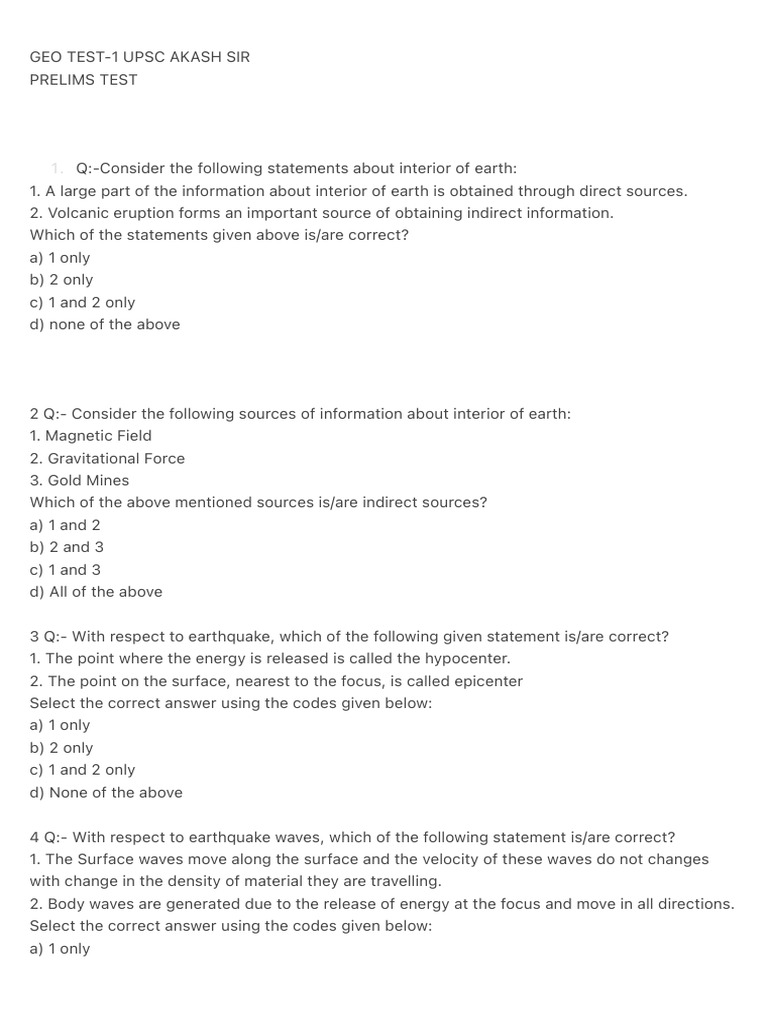 Geo Test-1 Upsc Akash Sir | Download Free PDF | Plate Tectonics ...