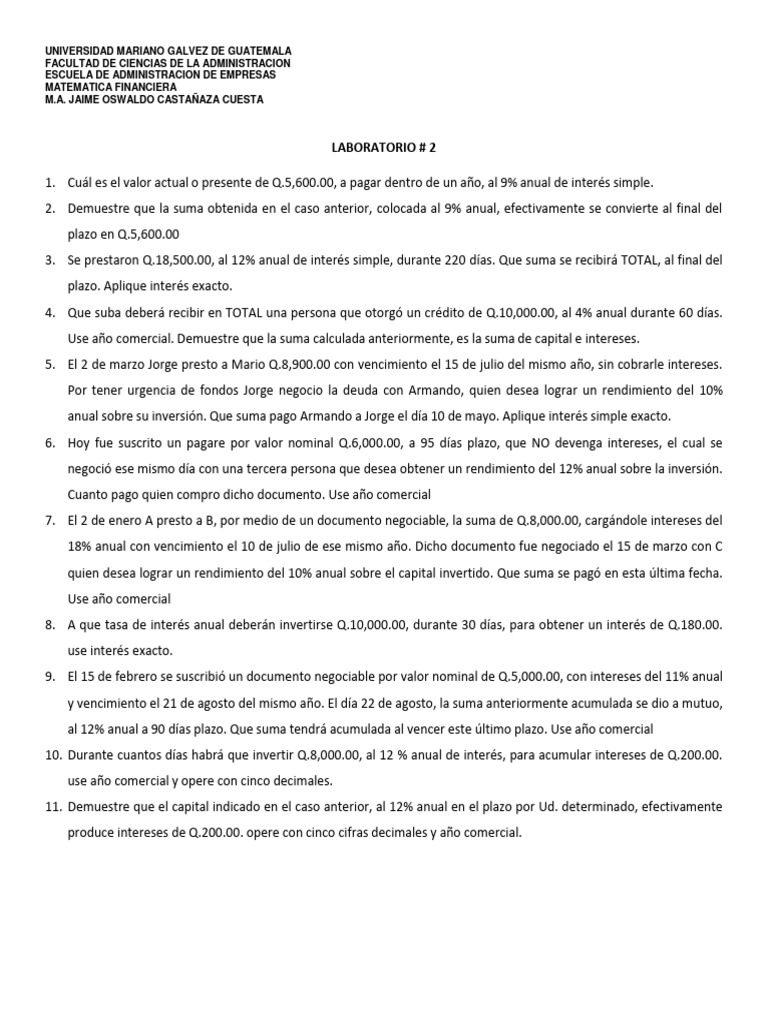 LABORATORIO # 2 MONTO Y VALOR ACTUAL SIMPLE-1 Erick Hernandez | PDF ...