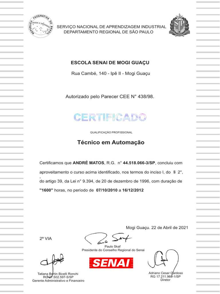 Certificado Senai Andre-2 | PDF