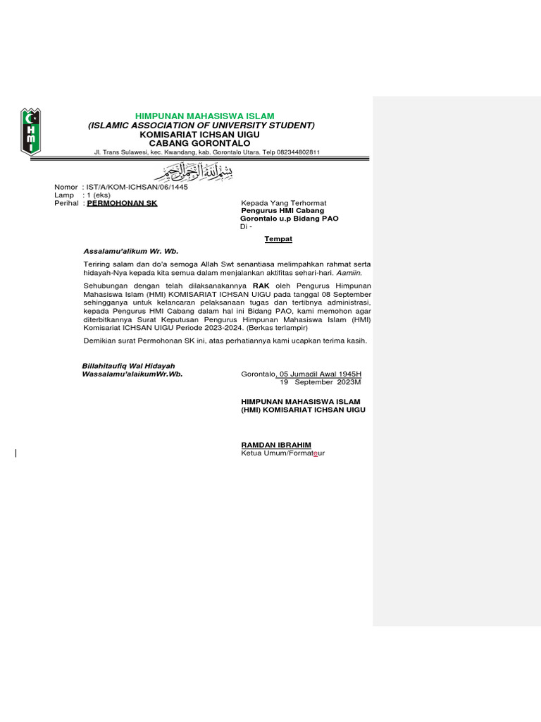 Permohonan SK Pengurus HMI 2023-2024 | PDF